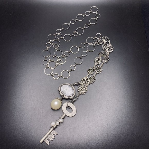 Jewelry | Long Silver Tone Skeleton Key Charm Necklace Faux Pearl ...